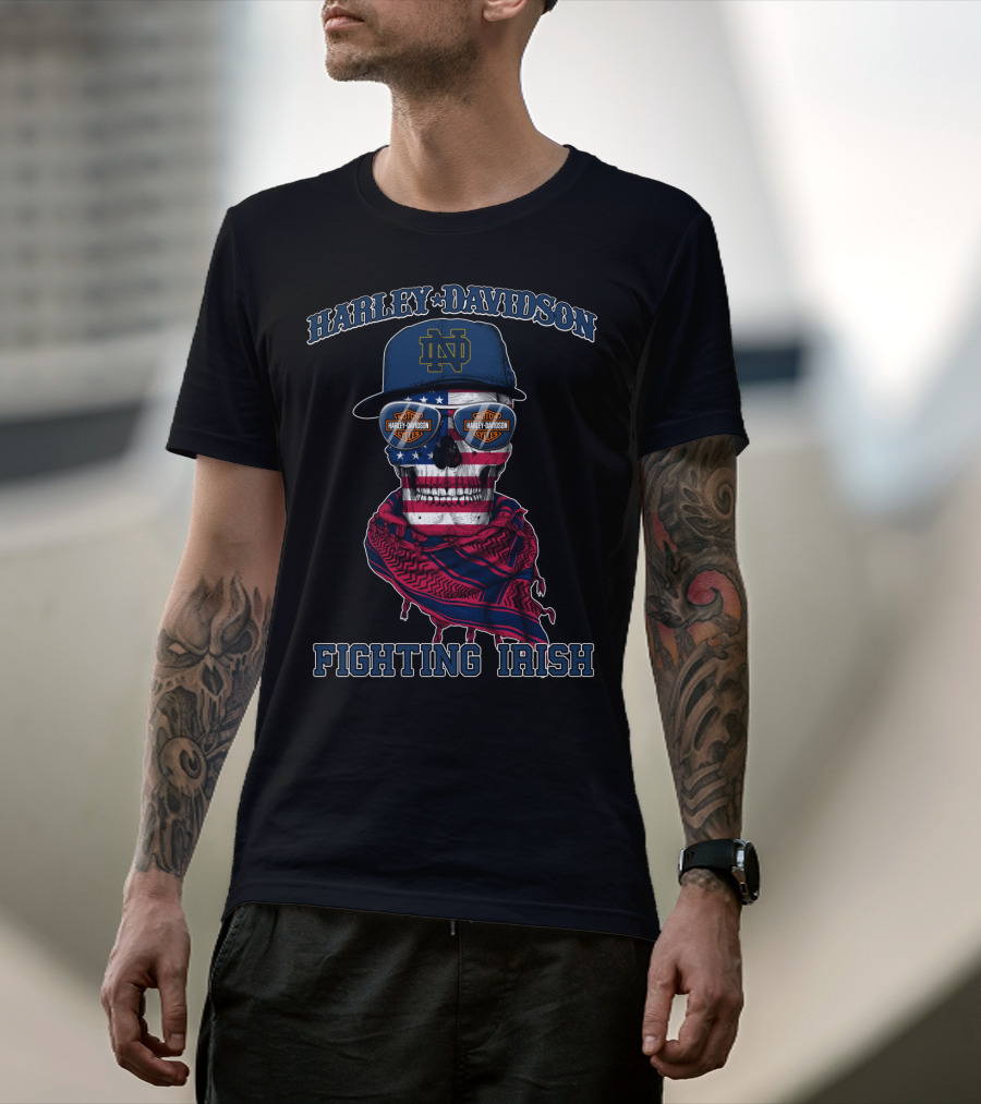 Harley Davidson Notre Dame Fighting Irish Skull With American Flag And Bandana T-Shirt