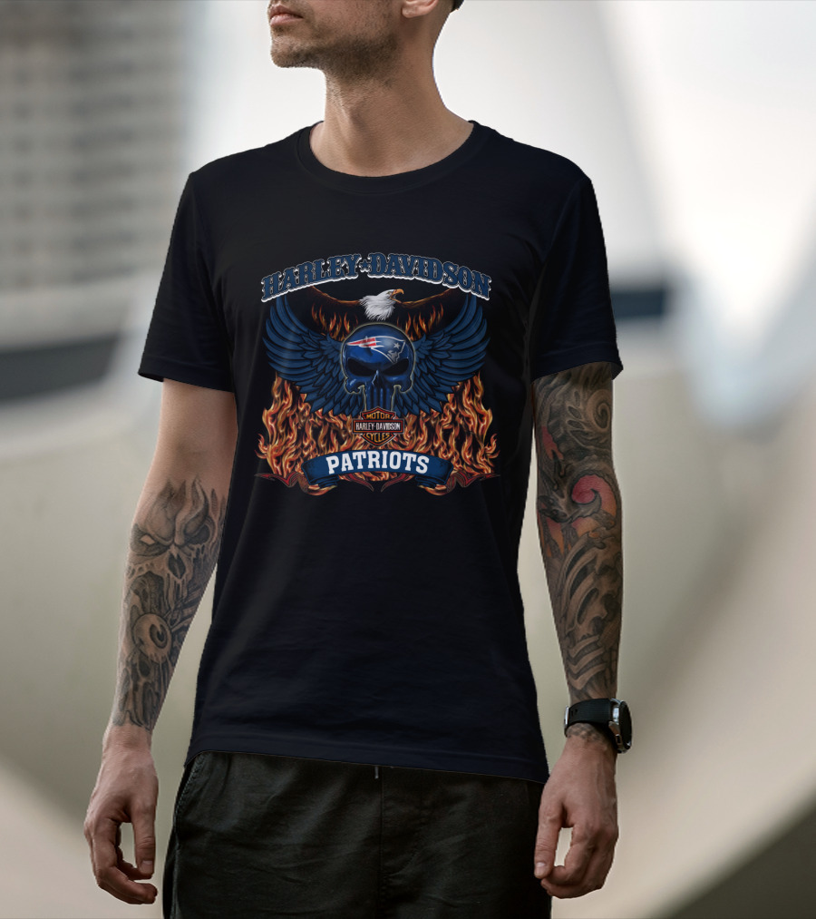 Harley Davidson Nfl New England Patriots Winged Skull And Flames T-Shirt
