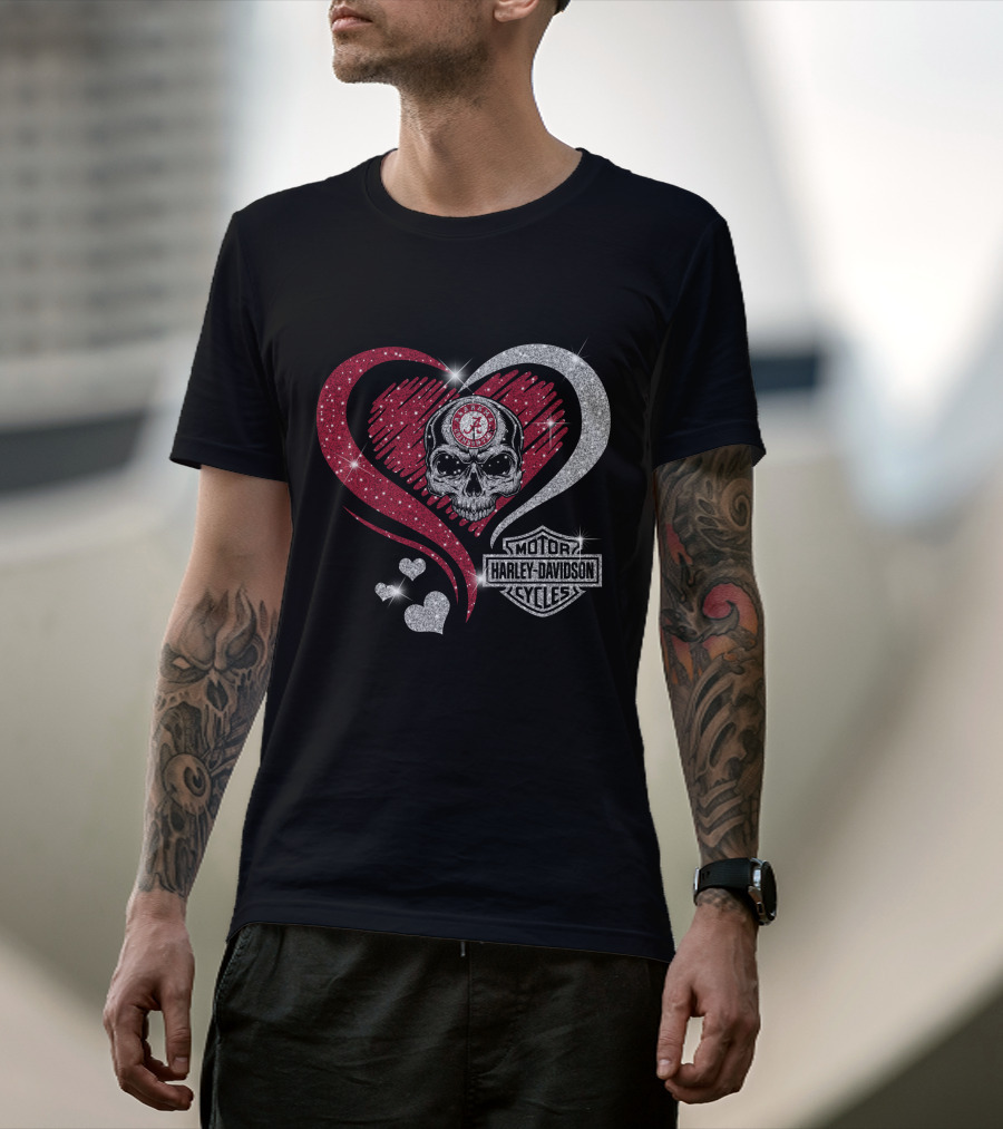 Alabama Crimson Tide Skull Heart Harley Davidson Motor Cycles T-Shirt
