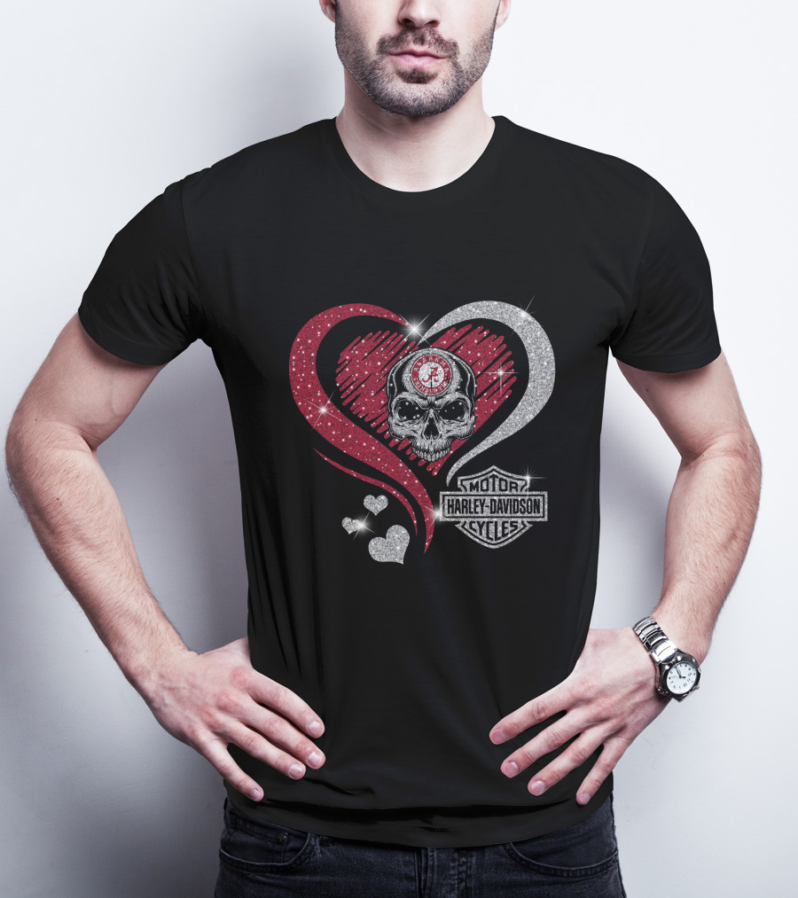 Alabama Crimson Tide Skull Heart Harley Davidson Motor Cycles T-Shirt