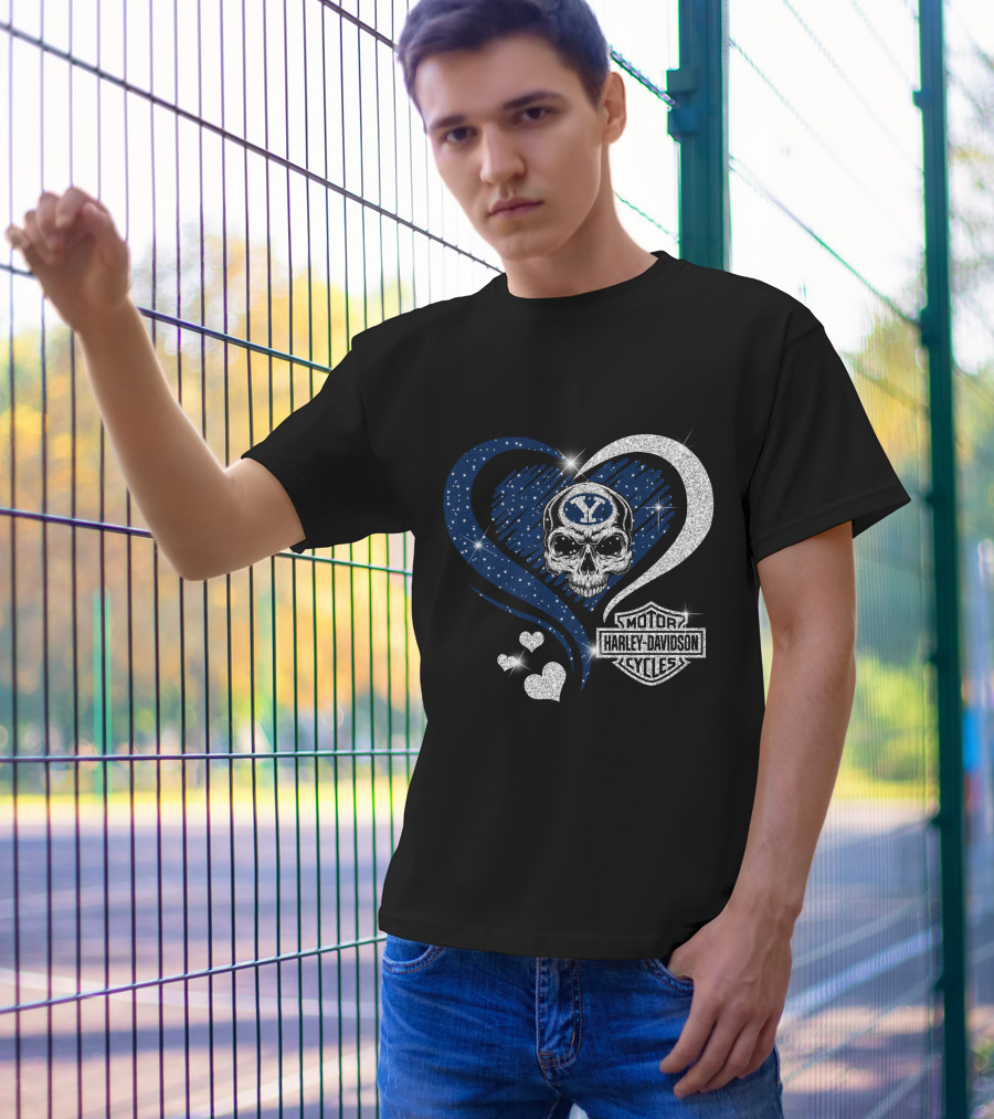 Ncaa Byu Cougars Skull Heart Harley Davidson Motor Cycles T-Shirt
