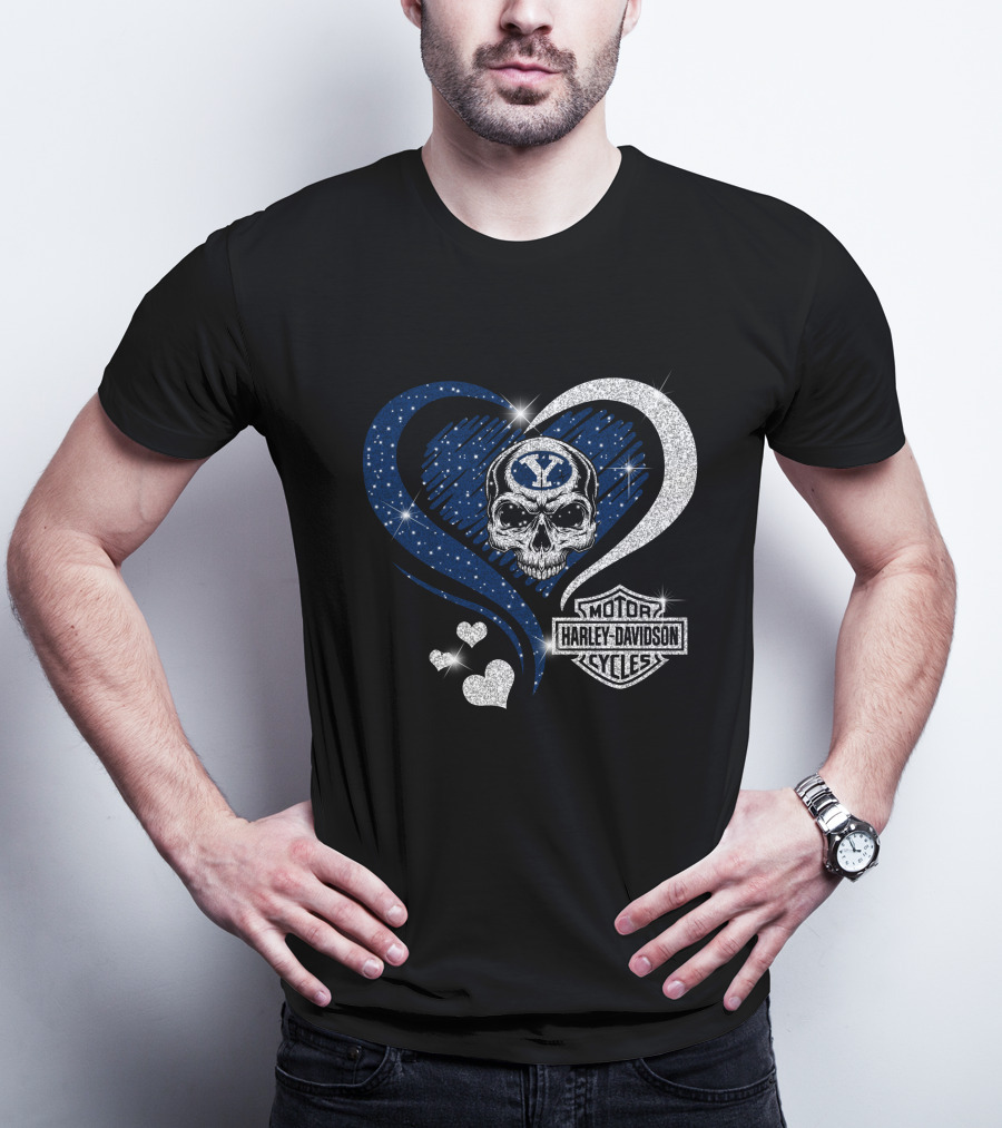 Ncaa Byu Cougars Skull Heart Harley Davidson Motor Cycles T-Shirt