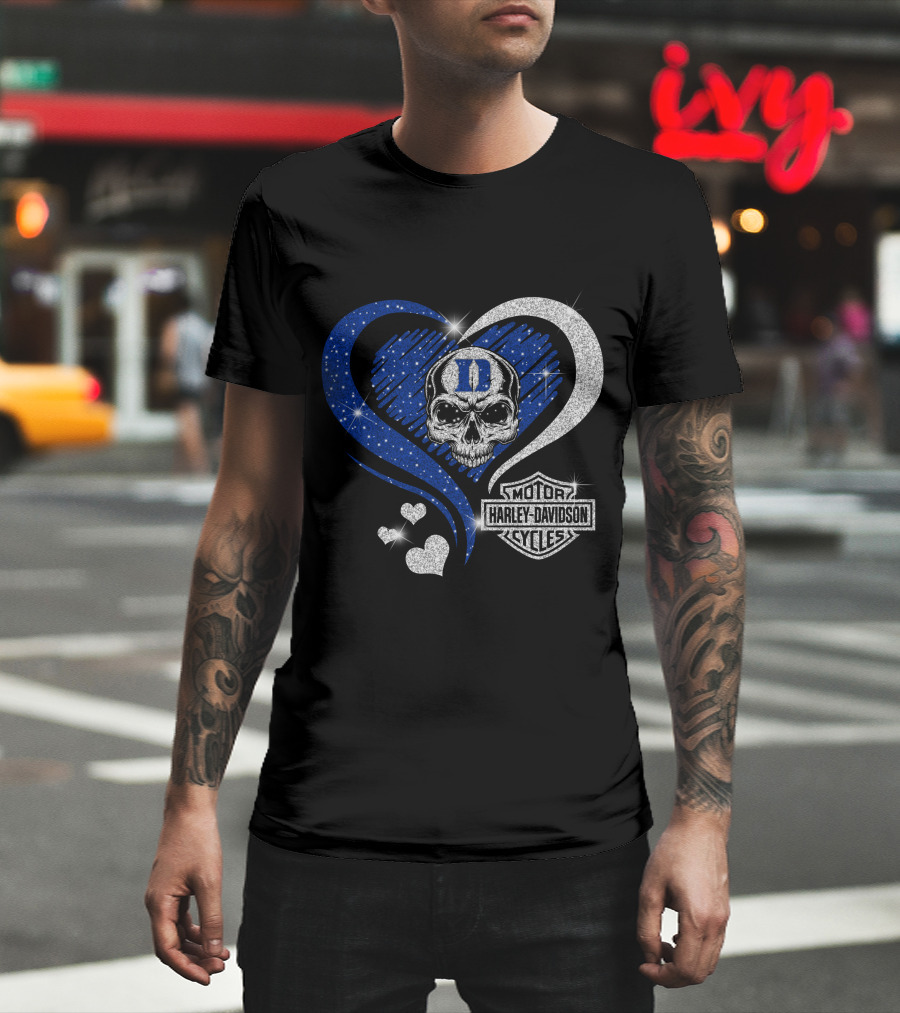 Duke Blue Devils Skull Heart Harley Davidson Motor Cycles Sparkle T-Shirt
