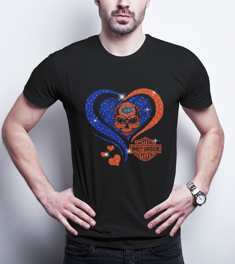 Ncaa Florida Gators Skull Heart Harley Davidson Motor Cycles T-Shirt