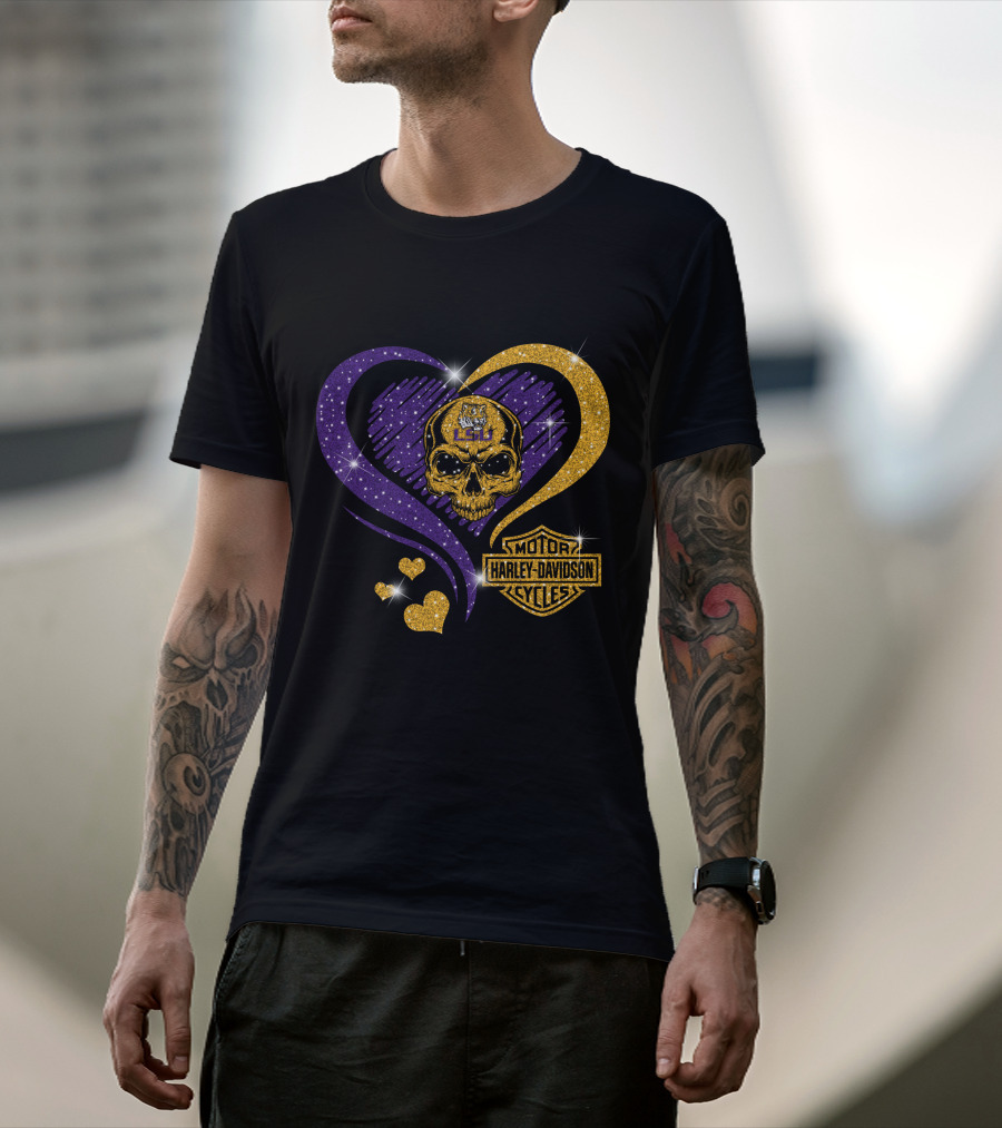 Ncaa Lsu Tigers Skull Heart Harley Davidson Motor Cycles T-Shirt