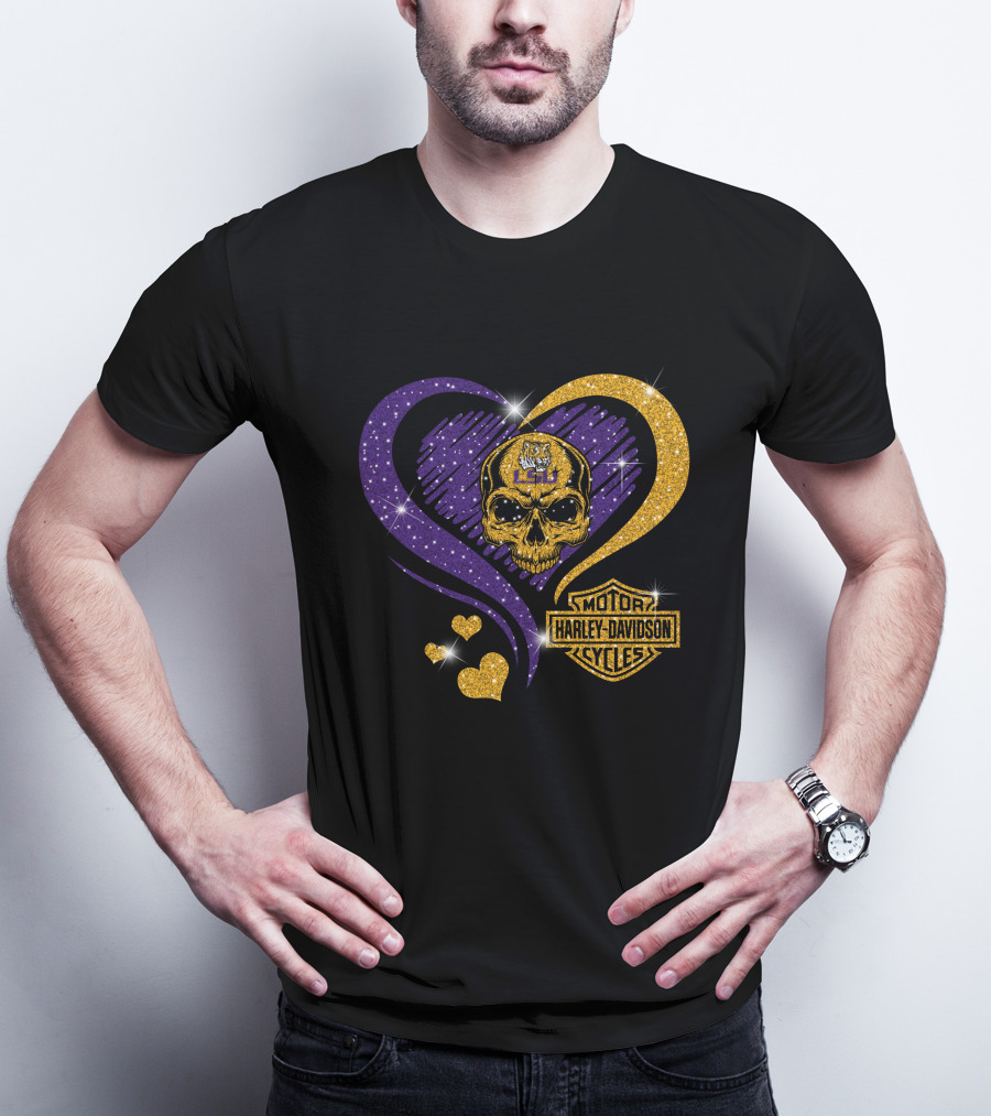 Ncaa Lsu Tigers Skull Heart Harley Davidson Motor Cycles T-Shirt