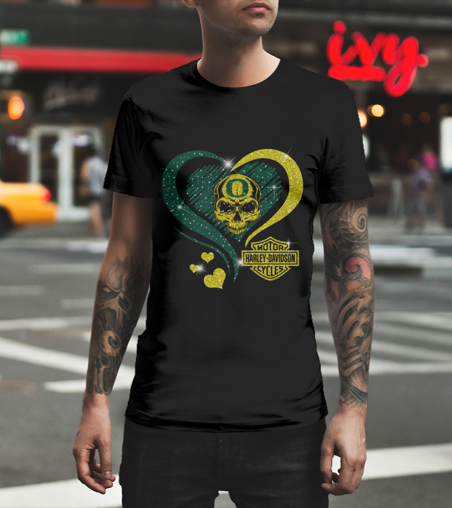 Ncaa Oregon Ducks Skull Harley Davidson Motor Cycles Heart T-Shirt