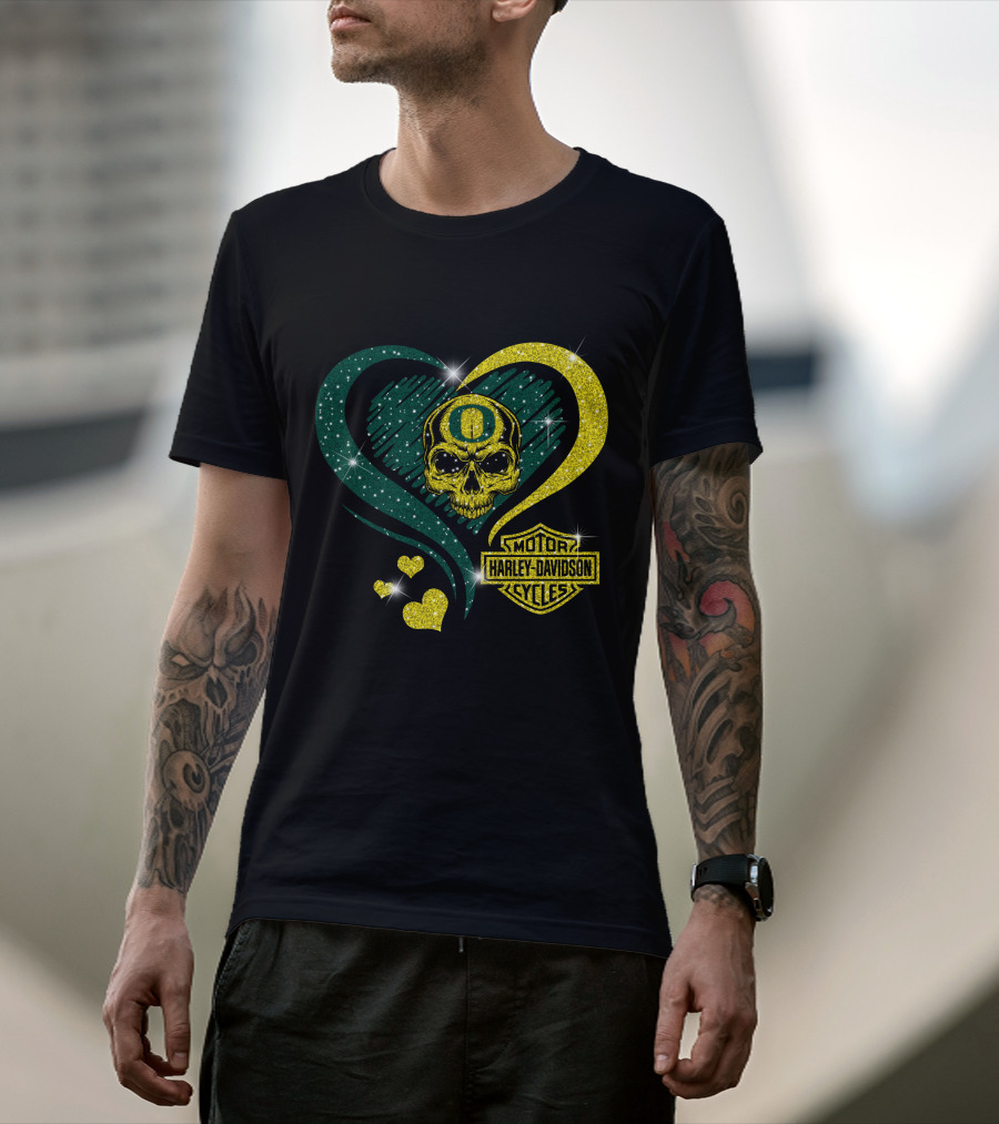 Ncaa Oregon Ducks Skull Harley Davidson Motor Cycles Heart T-Shirt