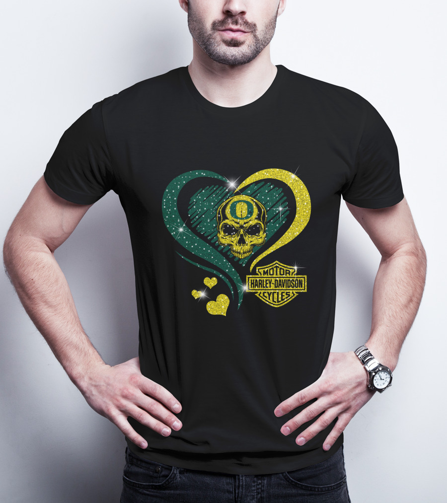 Ncaa Oregon Ducks Skull Harley Davidson Motor Cycles Heart T-Shirt