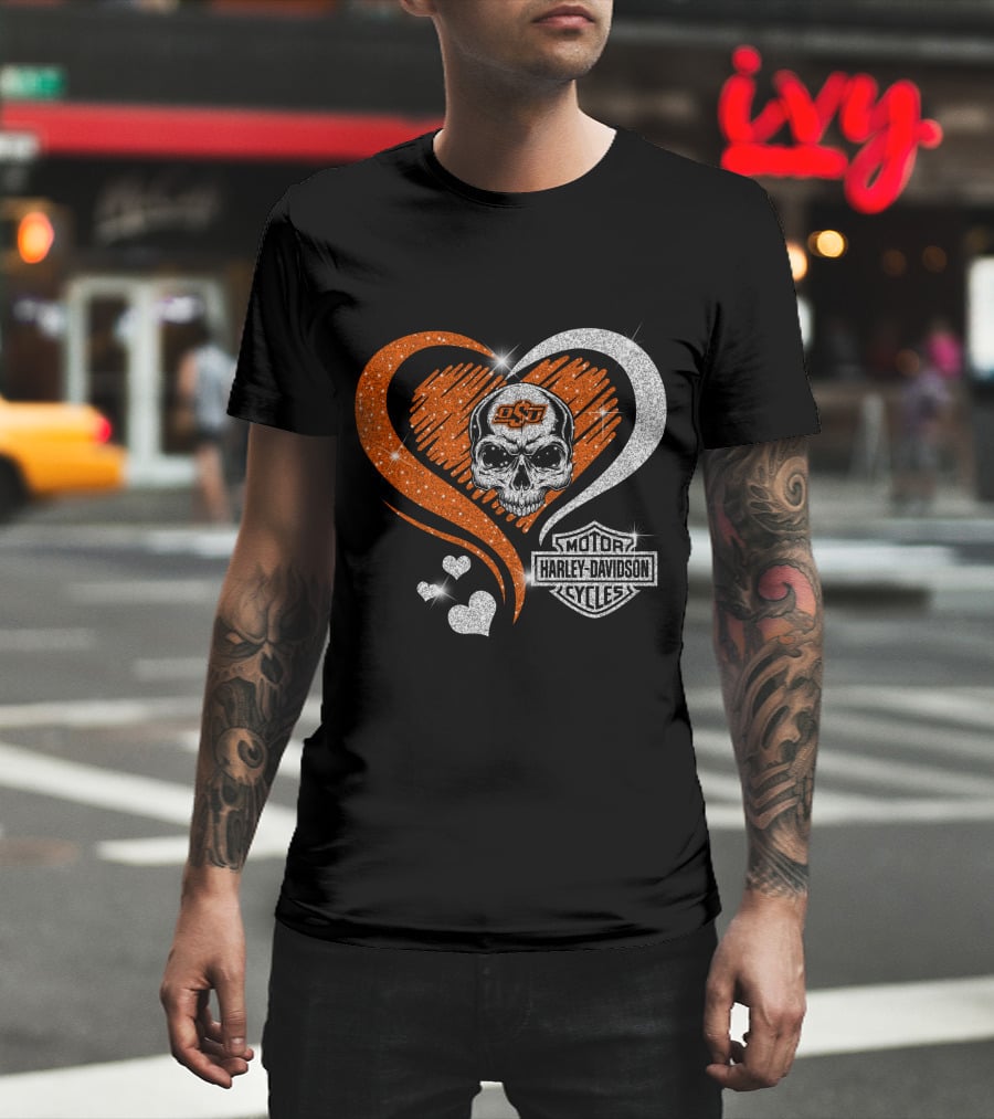 Ncaa Oklahoma State Cowboys Osu Skull Love Motor Harley Davidson Cycles T-Shirt