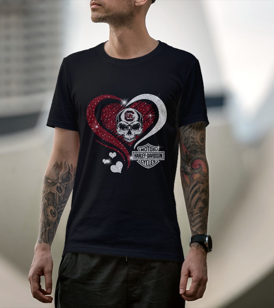 Ncaa South Carolina Gamecocks Skull Heart Harley Davidson Cycles T-Shirt