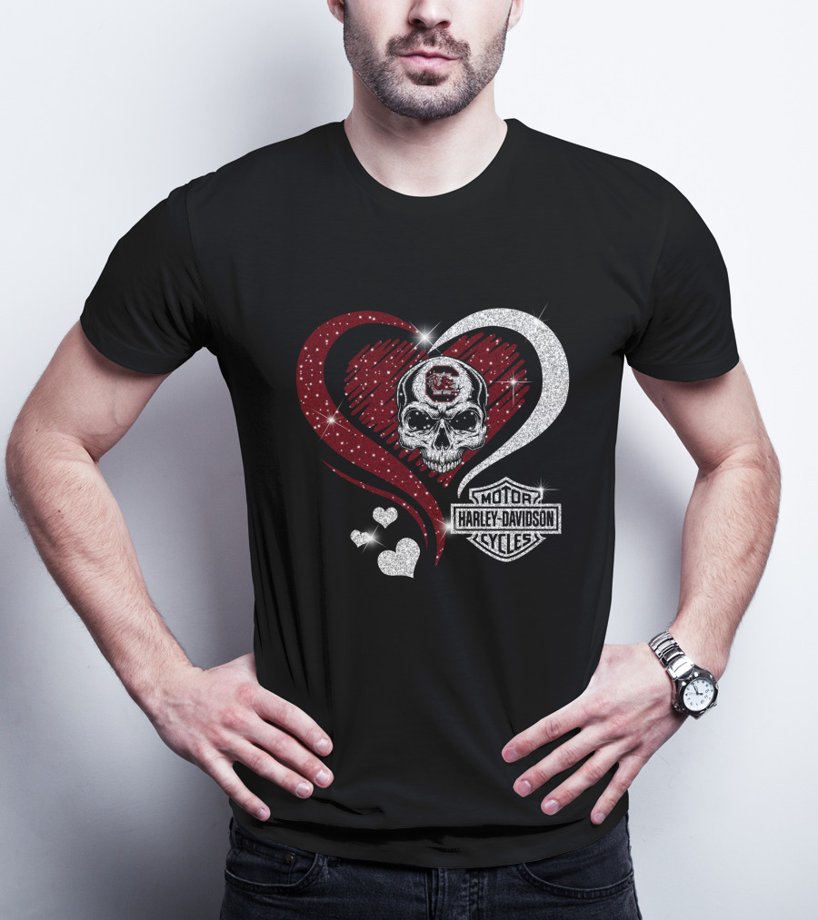 Ncaa South Carolina Gamecocks Skull Heart Harley Davidson Cycles T-Shirt