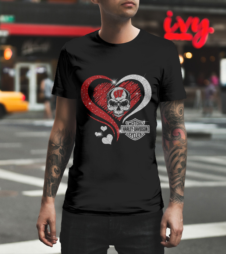 Ncaa Wisconsin Badgers Harley Davidson Skull Heart T-Shirt