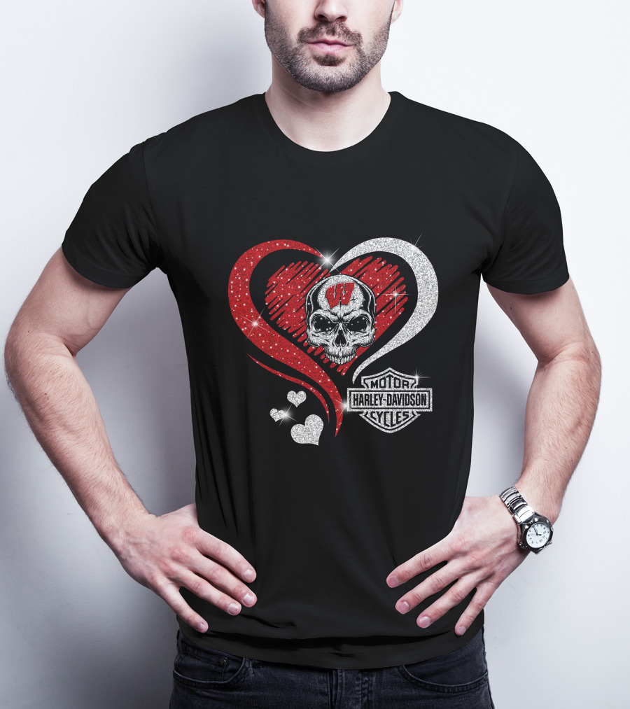 Ncaa Wisconsin Badgers Harley Davidson Skull Heart T-Shirt
