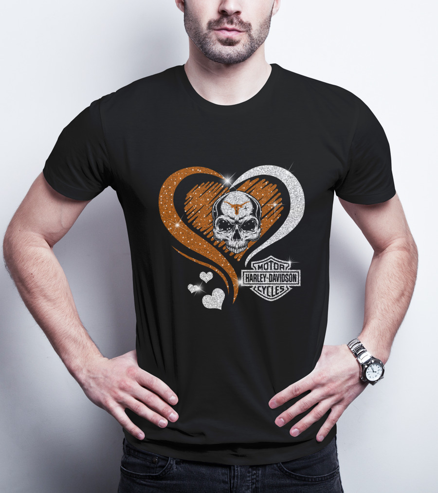 Ncaa Texas Longhorns Harley Davidson Skull Heart T-Shirt