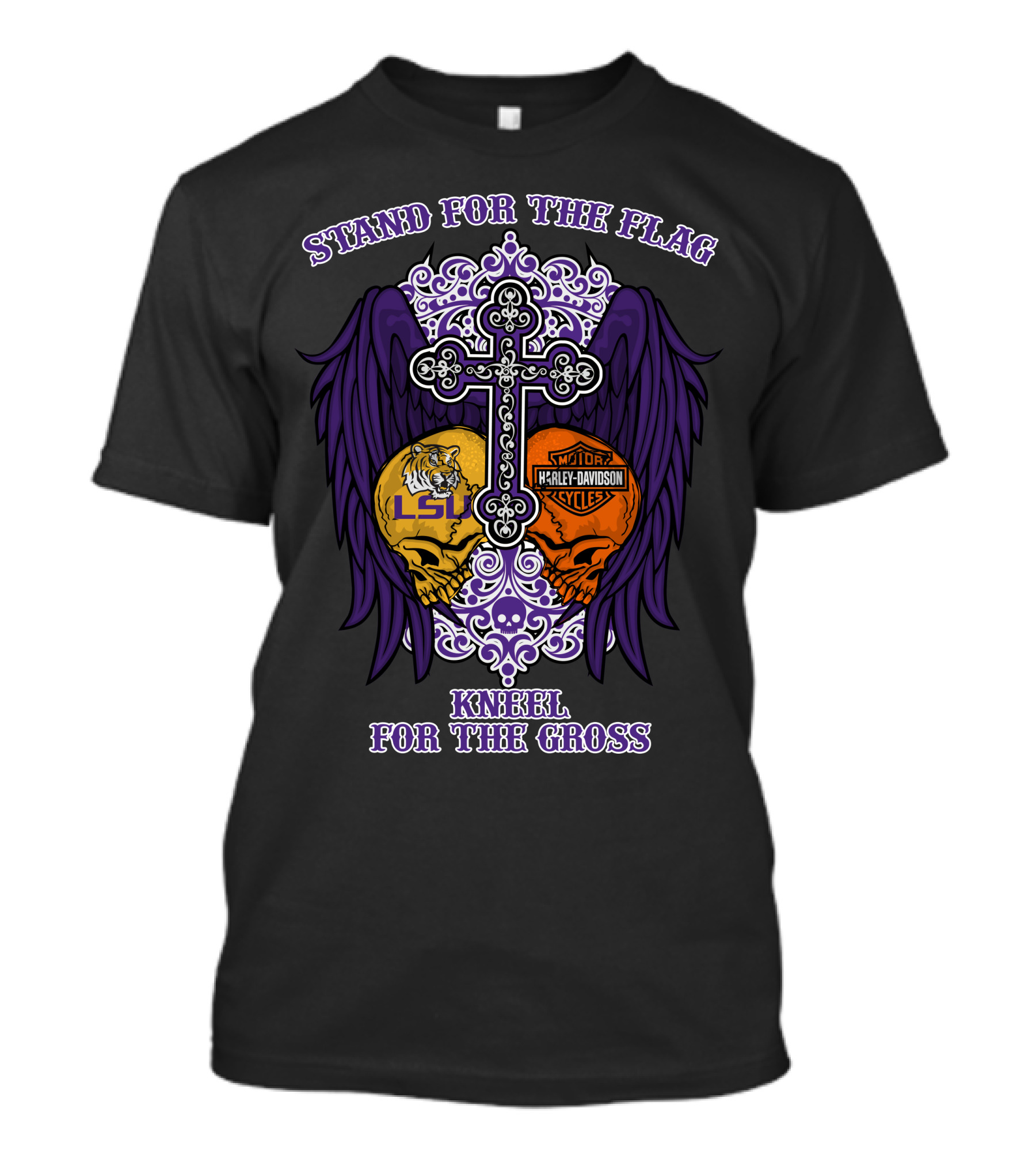 Stand For The Flag Lsu Tigers Harley Davidson Wings Kneel For The Cross T-Shirt