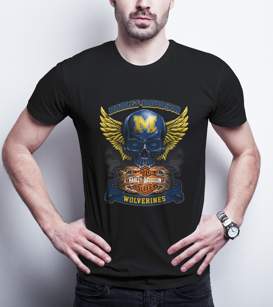 Harley Davidson Motorcycles Wolverines Michigan M Skull Wings T-Shirt