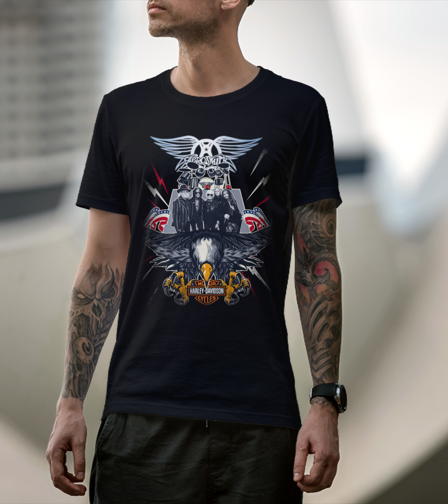 Aerosmith Harley Davidson Motor Cycles Eagle Lightning Band T-Shirt