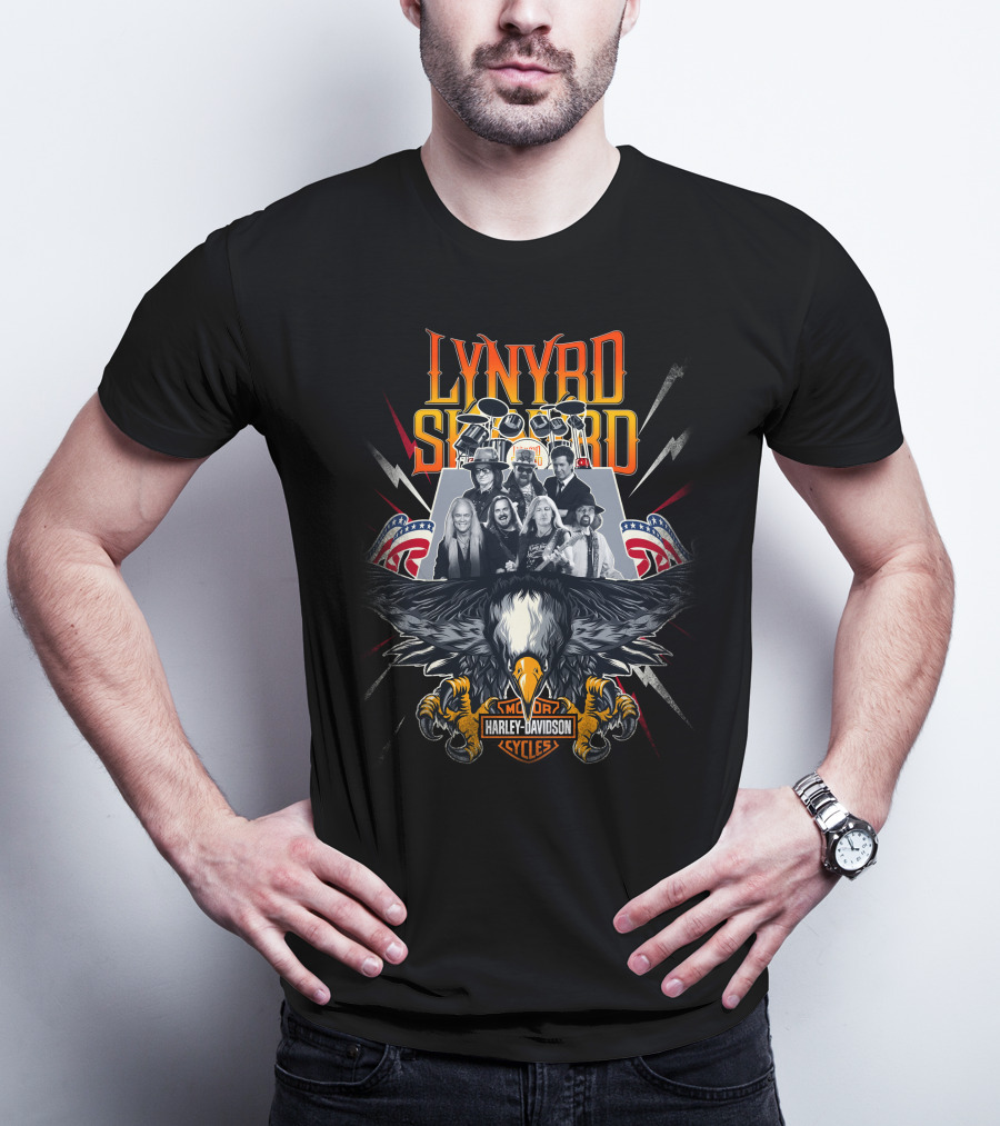 Lynyrd Skynyrd Harley Davidson Motor Cycles Eagle And Band Members With American Flags T-Shirt