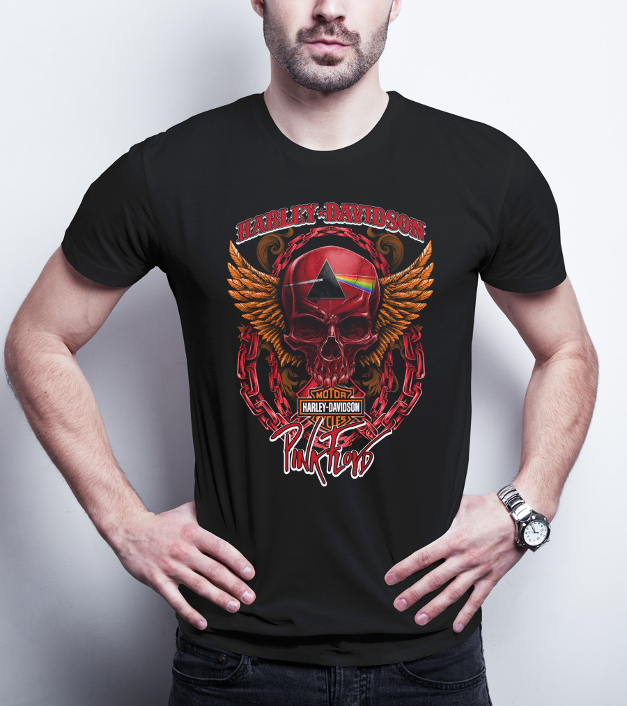 Harley Davidson Pink Floyd Skull With Wings And Prism T-Shirt