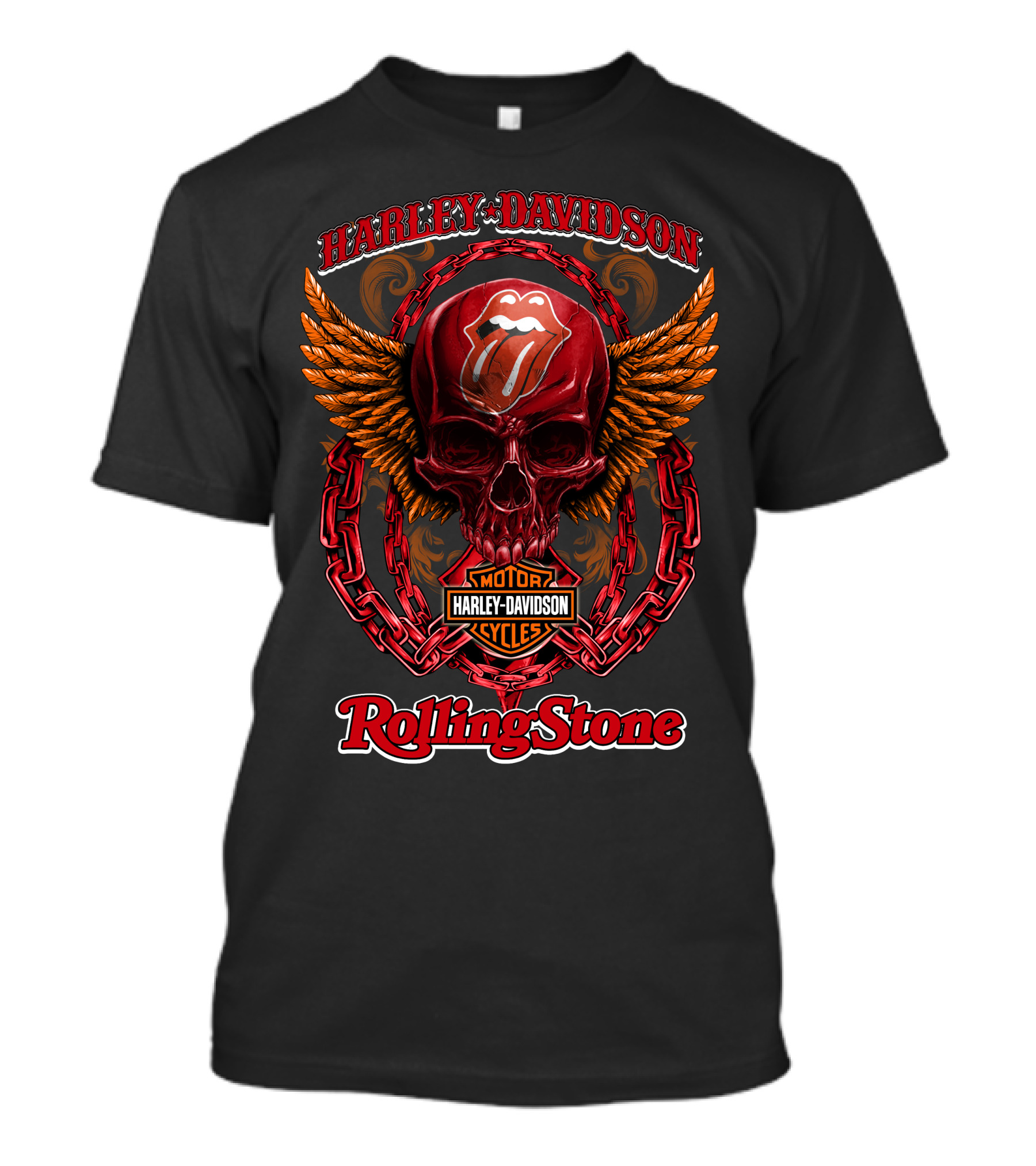 Harley Davidson Motor Cycles Rolling Stone Skull Logo Chains And Flames T-Shirt