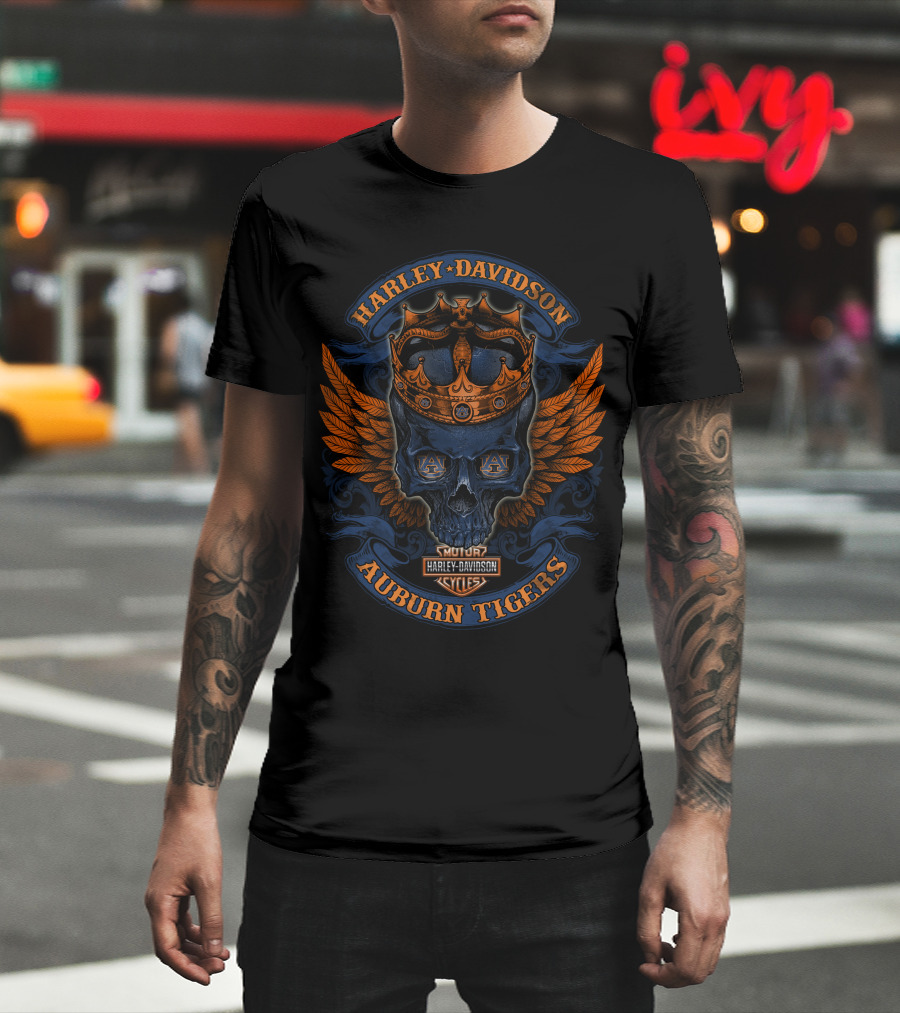 Harley Davidson Auburn Tigers Crowned Skull With Wings T-Shirt