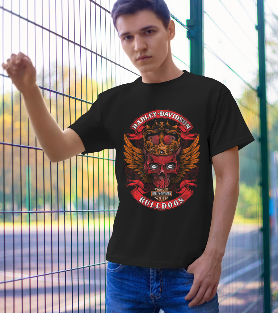Harley Davidson Bulldogs Skull With Crown And Wings T-Shirt