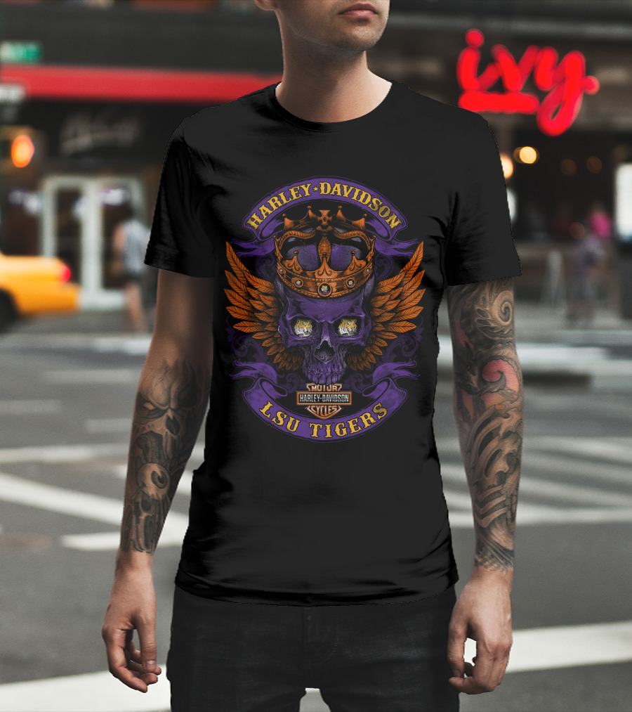 Harley Davidson Lsu Tigers Skull Crown Wings T-Shirt