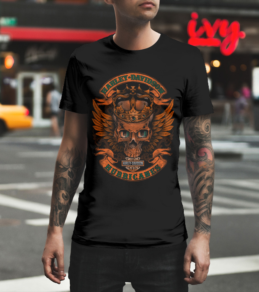 Harley Davidson Hurricanes King Skull Orange Wings Crown Motor Cycles T-Shirt