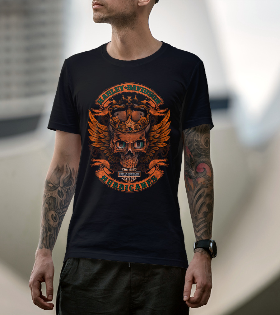 Harley Davidson Hurricanes King Skull Orange Wings Crown Motor Cycles T-Shirt