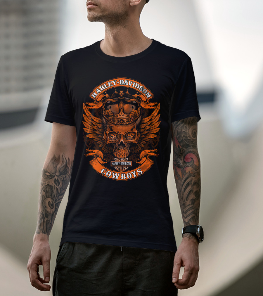 Harley Davidson Motorcycles Osu Cowboys Skull Wings T-Shirt