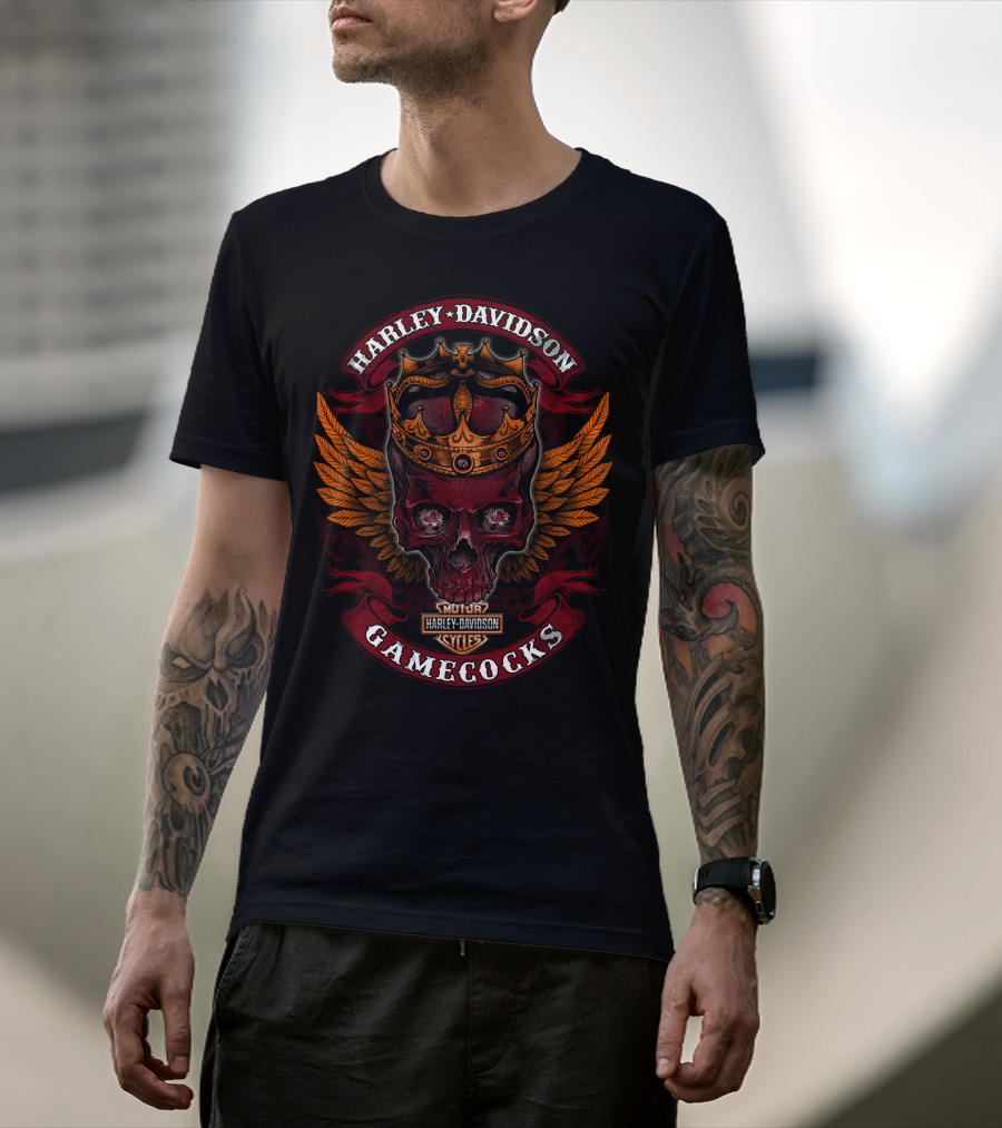 Harley Davidson Motor Cycles Skull Crown Wings Gamecocks T-Shirt