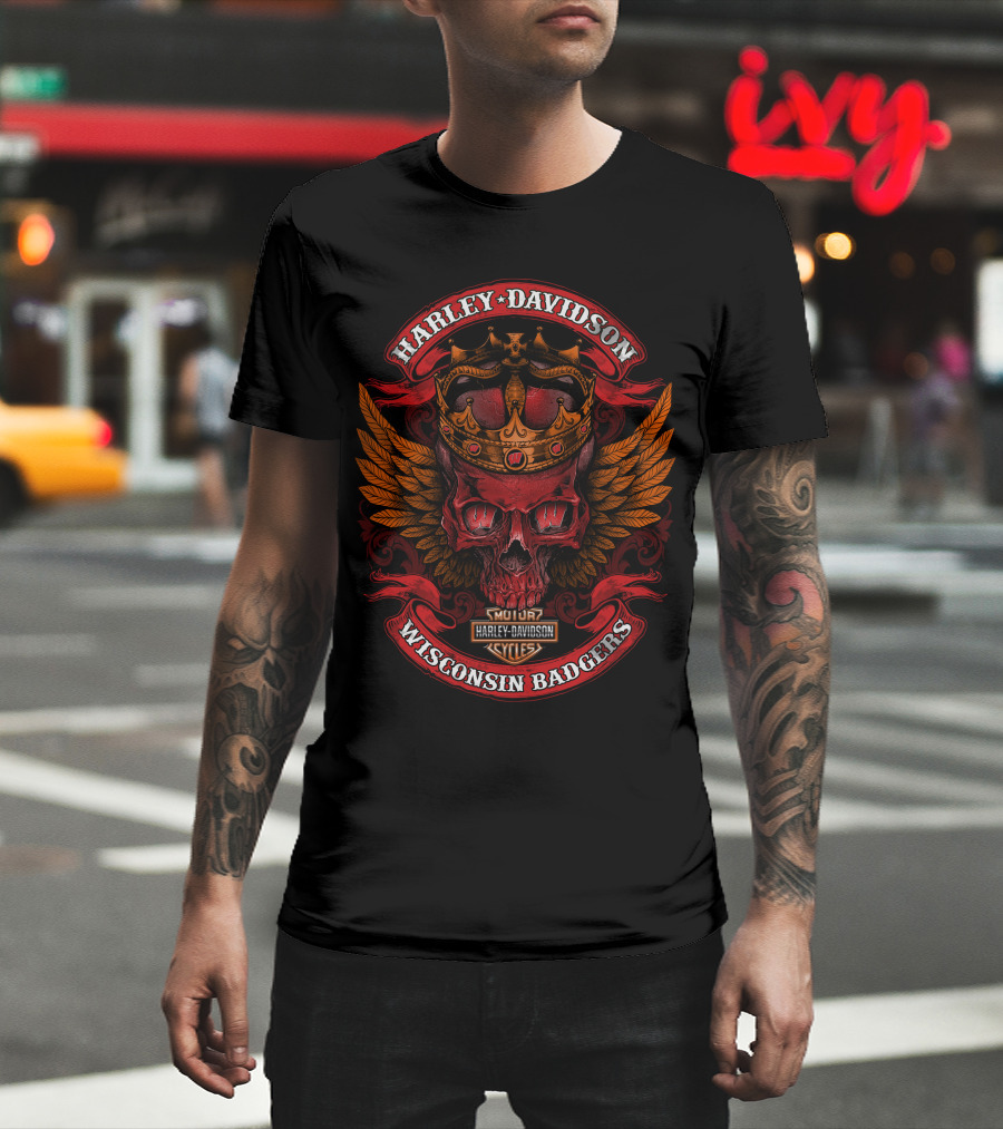 Harley Davidson Crowned Skull Wisconsin Badgers Mqt Cycles T-Shirt