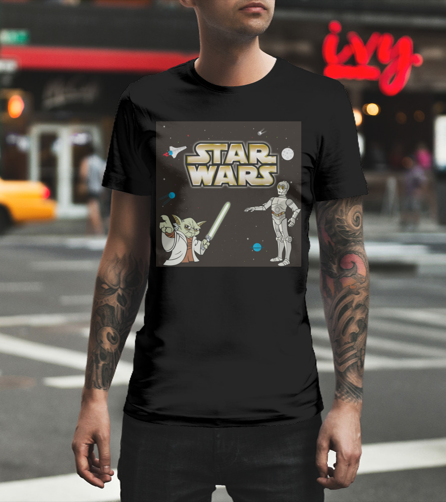 Star Wars Yoda And C-3PO Space Adventure Scene T-Shirt