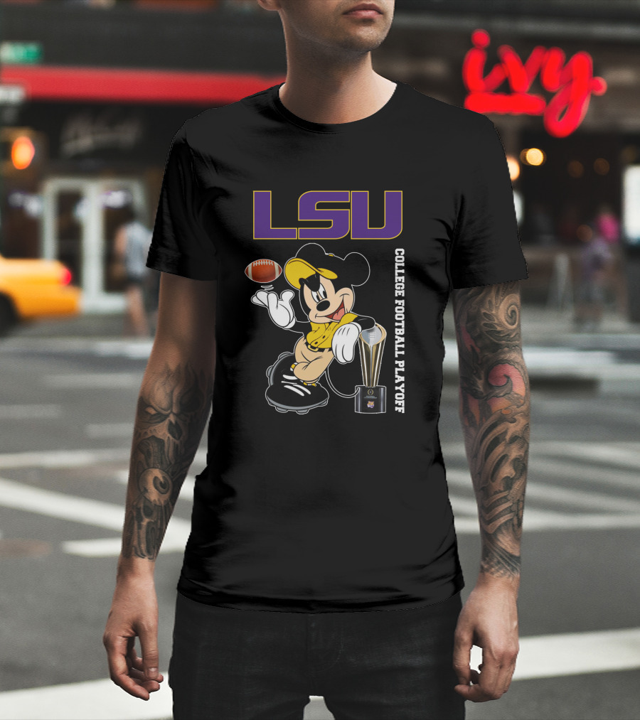 LSU College Football Playoff Mickey Holding Football And Trophy T-Shirt