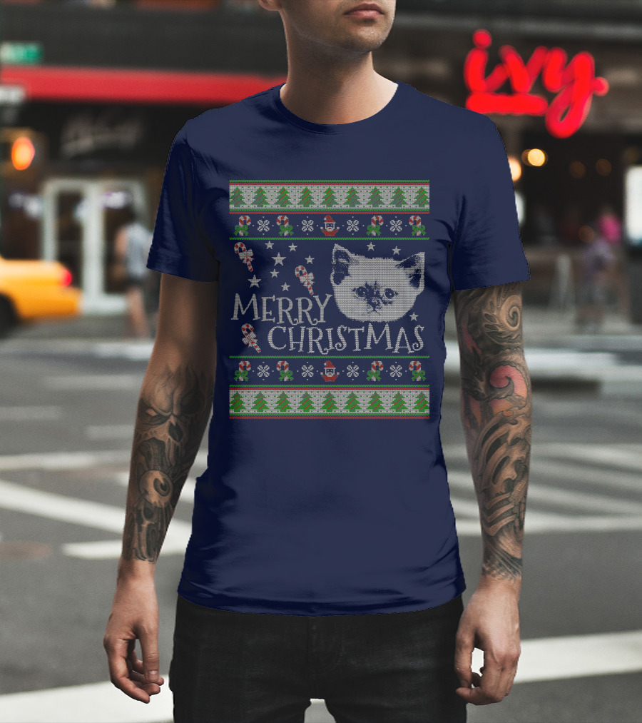 Merry Christmas Cute Persian Kitten Candy Canes Snowflakes Trees T-Shirt