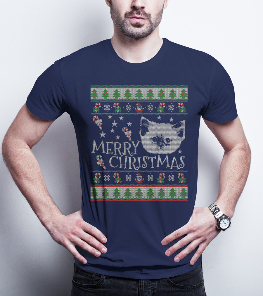 Merry Christmas Cute Persian Kitten Candy Canes Snowflakes Trees T-Shirt