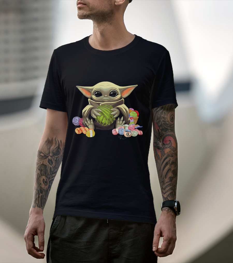 Yoda Baby Holding Yarn Surrounded By Colorful Wool Balls T-Shirt
