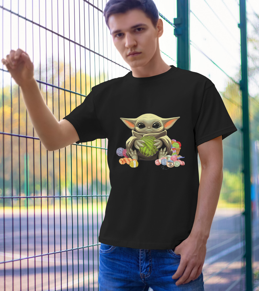 Yoda Baby Holding Yarn Surrounded By Colorful Wool Balls T-Shirt