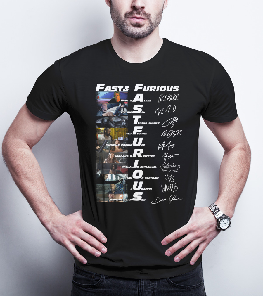 Fast And Furious Paul Walker Vin Diesel Tyrese Gibson Michelle Rodriguez Cast Signatures Thank You For The Memories T-Shirt