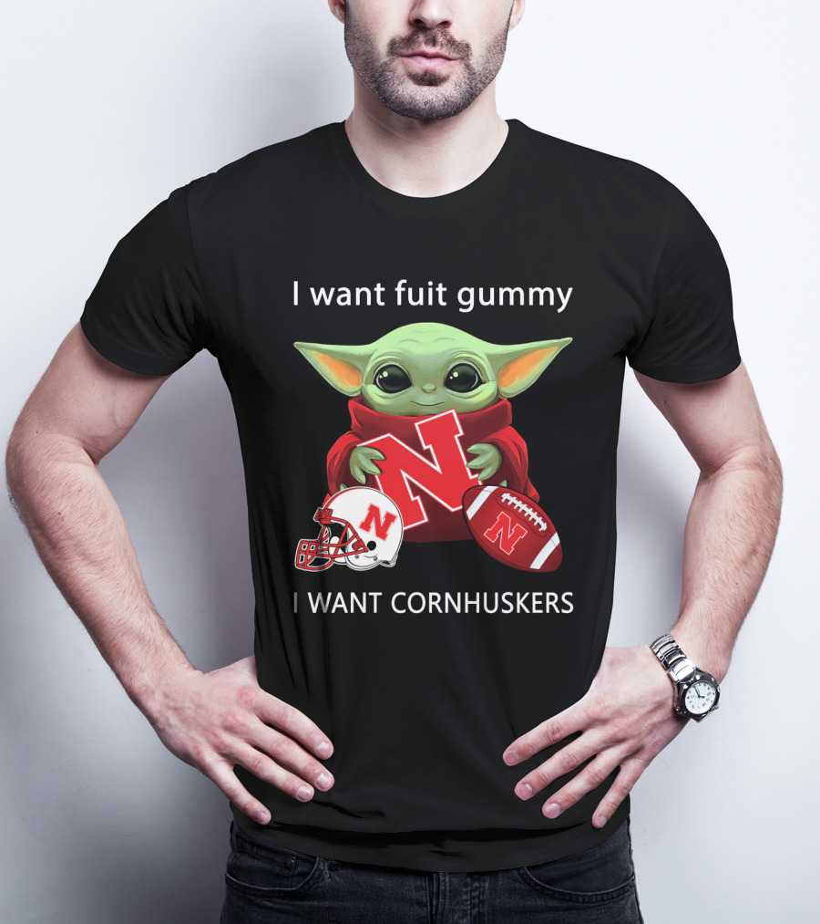 I Want Fuit Gummy I Want Cornhuskers Yoda With Nebraska Football Helmet And Ball T-Shirt
