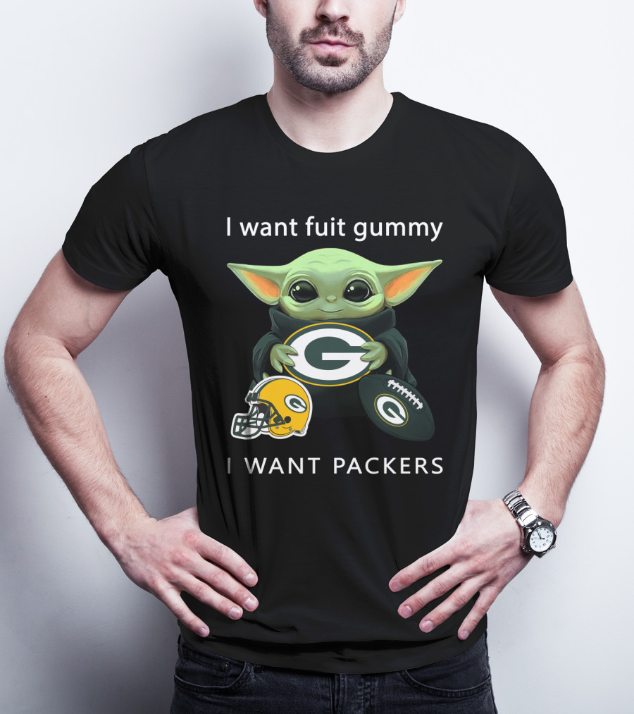 I Want Fruit Gummy I Want Packers Green Bay Packers Baby Yoda Helmet Football T-Shirt