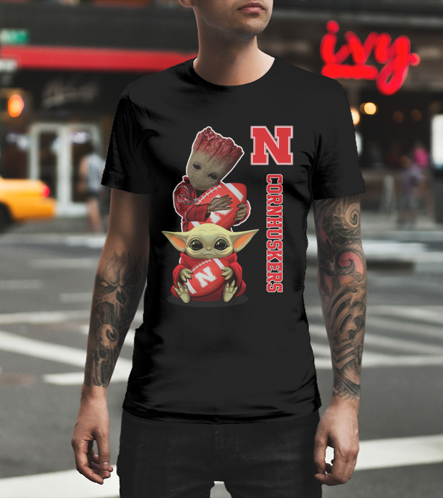 Nebraska Cornhuskers Groot And Baby Yoda Football T-Shirt
