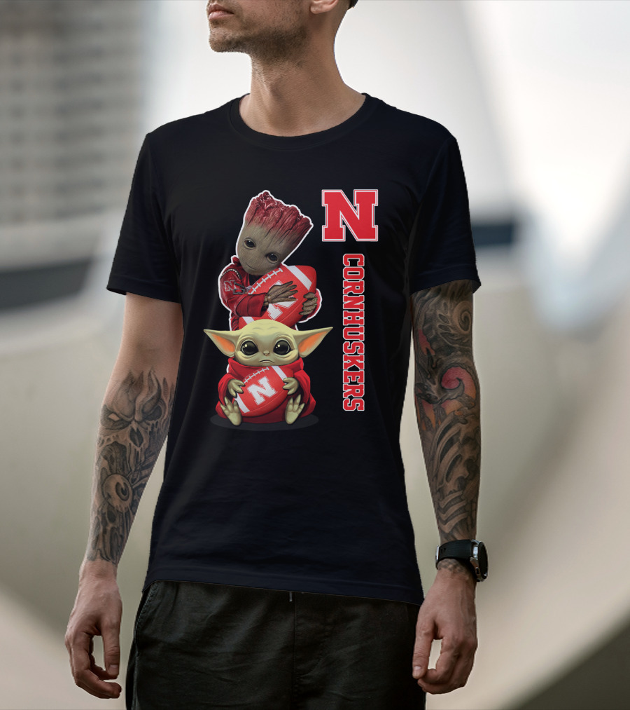Nebraska Cornhuskers Groot And Baby Yoda Football T-Shirt