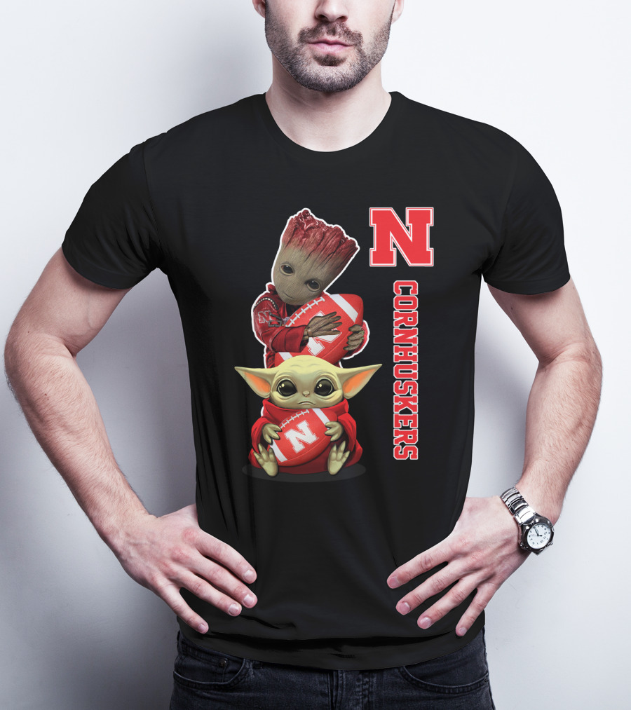 Nebraska Cornhuskers Groot And Baby Yoda Football T-Shirt
