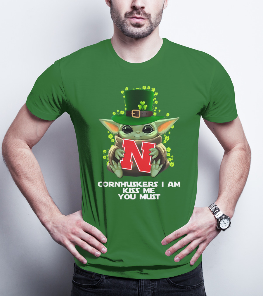 Cornhuskers I Am Kiss Me You Must Baby Yoda St. Patrick's Day T-Shirt