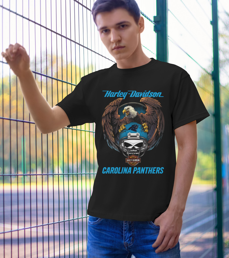 Harley Davidson Carolina Panthers Nfl Motorcycle Helmet Eagle Artwork T-Shirt