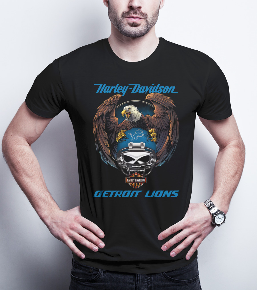 Harley Davidson Detroit Lions Eagle Helmet Nfl Motorcycles T-Shirt
