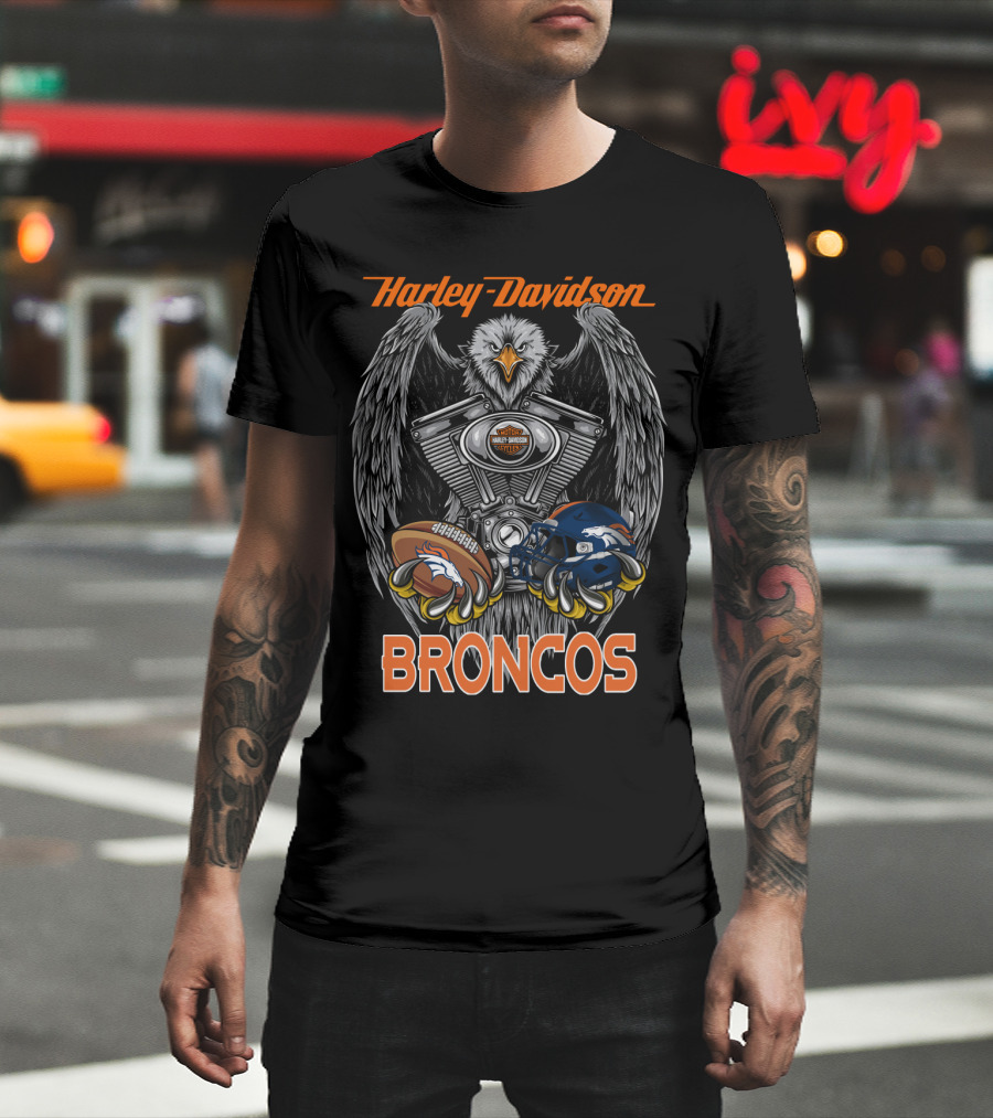 Harley Davidson Broncos Eagle Nfl Football Helmet Engine T-Shirt
