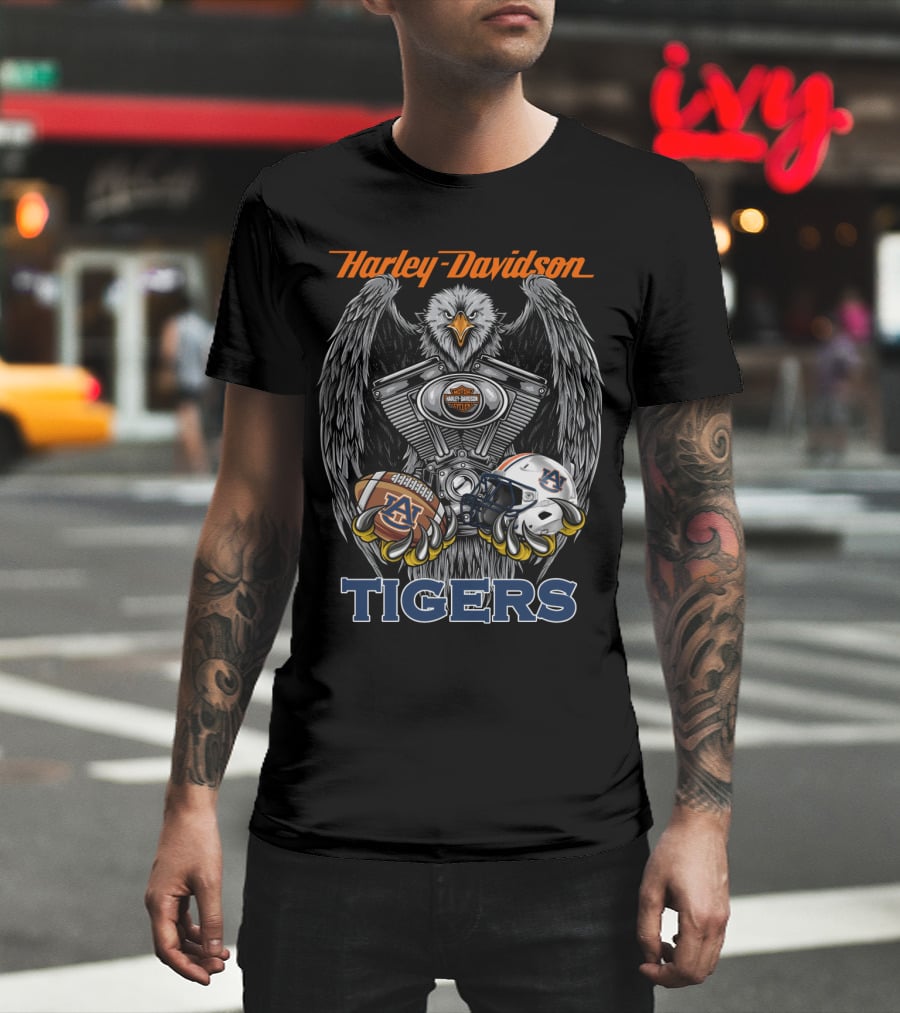 Harley Davidson Auburn Tigers Football Ncaa Helmet And Eagle Engine T-Shirt